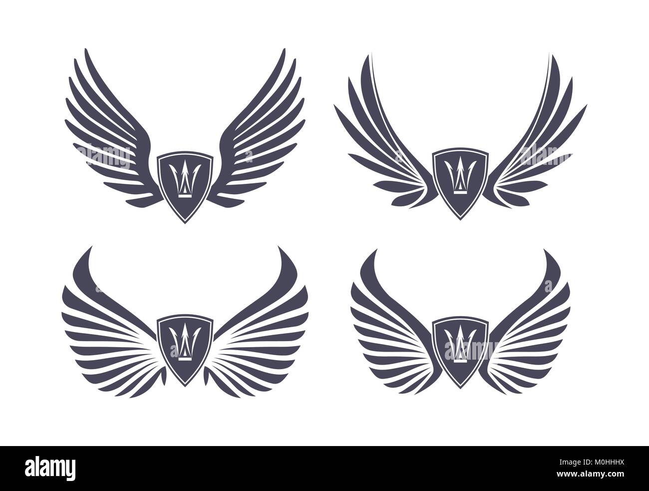 Set Of 4 Pair Of Stylish Decorative Vector Wings With Shields And