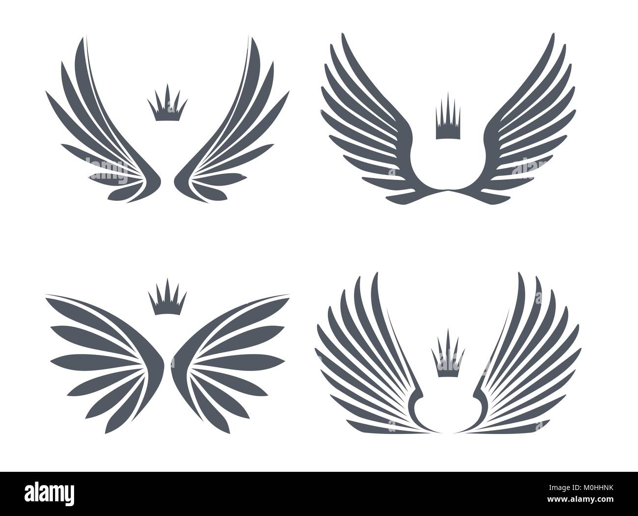 Set of four pairs of wings with crowns. Vector illustration Stock ...