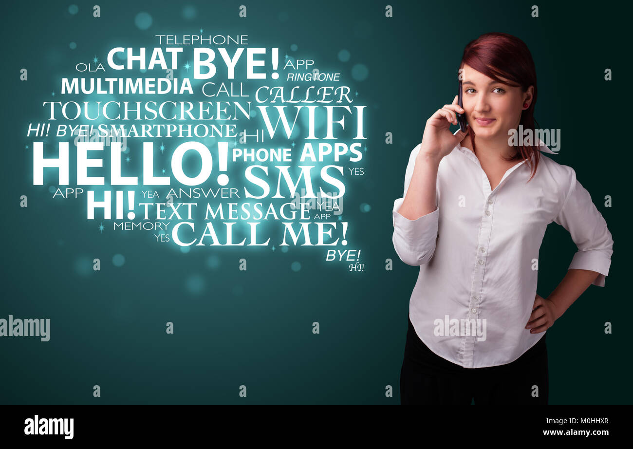 Pretty young girl calling by phone with word cloud Stock Photo - Alamy