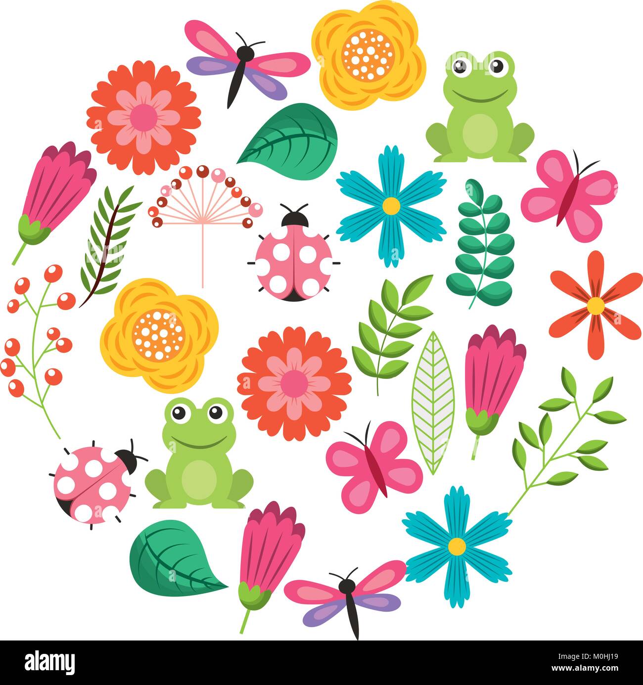 set of spring theme nature flowers love birds butterflies ladybugs frog ...