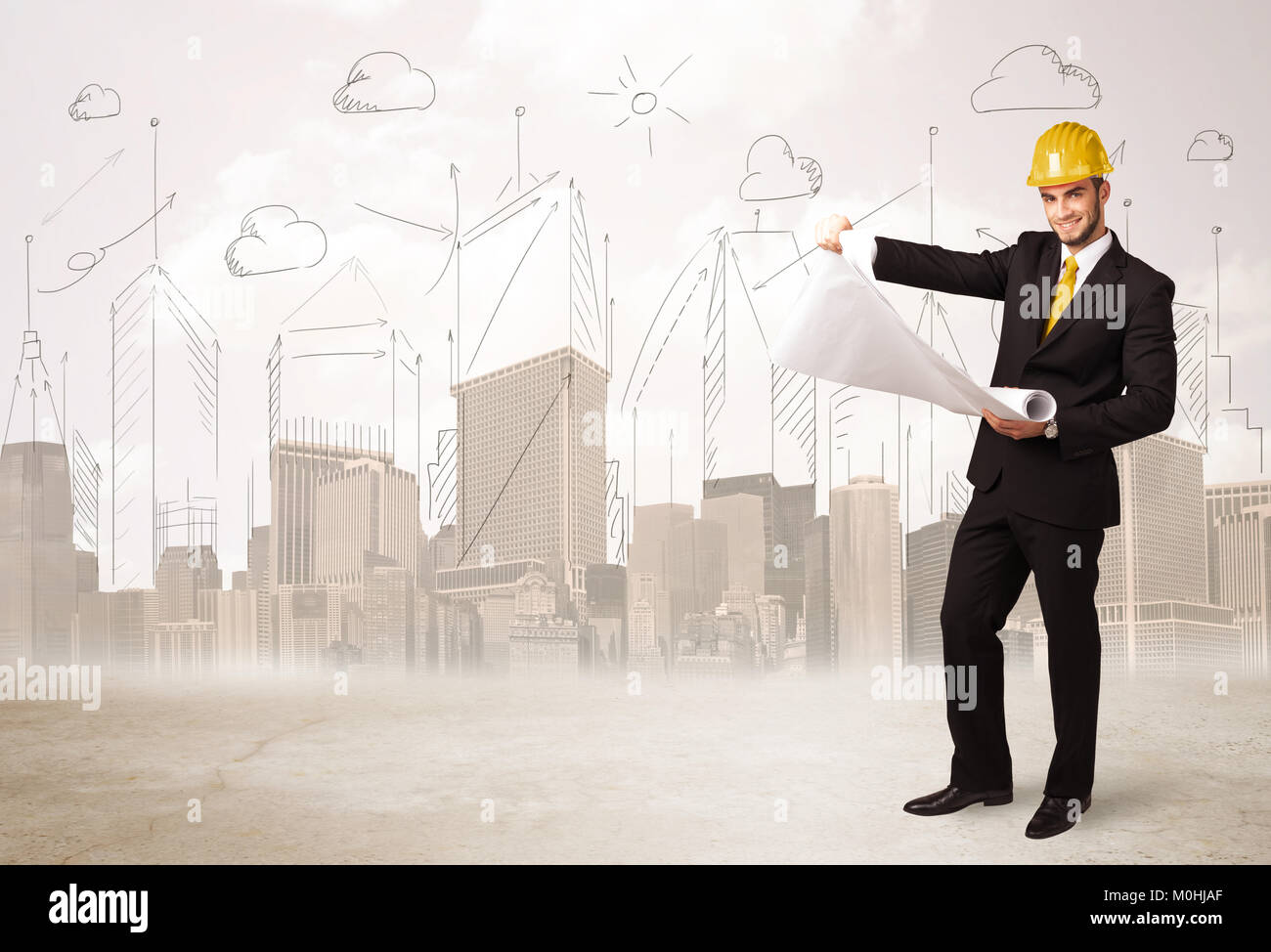 Business engineer planing at construction site with city background ...