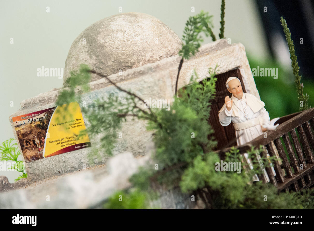 A statue of Pope Francis in the nativity scene set up at the press ...