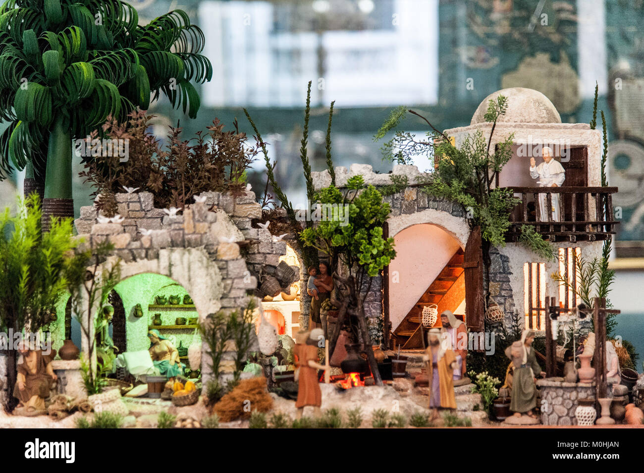 A statue of Pope Francis in the nativity scene set up at the press ...