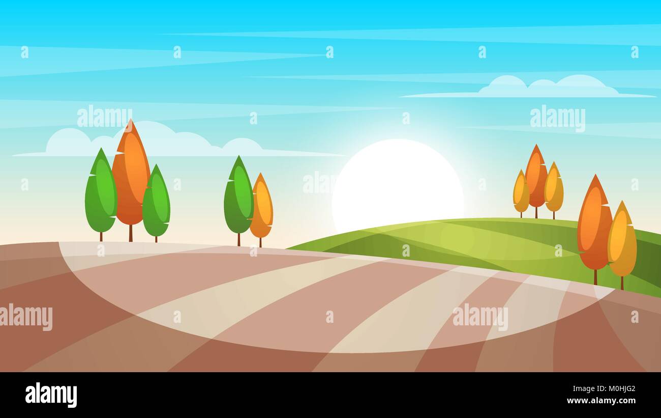 Cartoon landscape illustration. Tree, sun, field Stock Vector Image ...