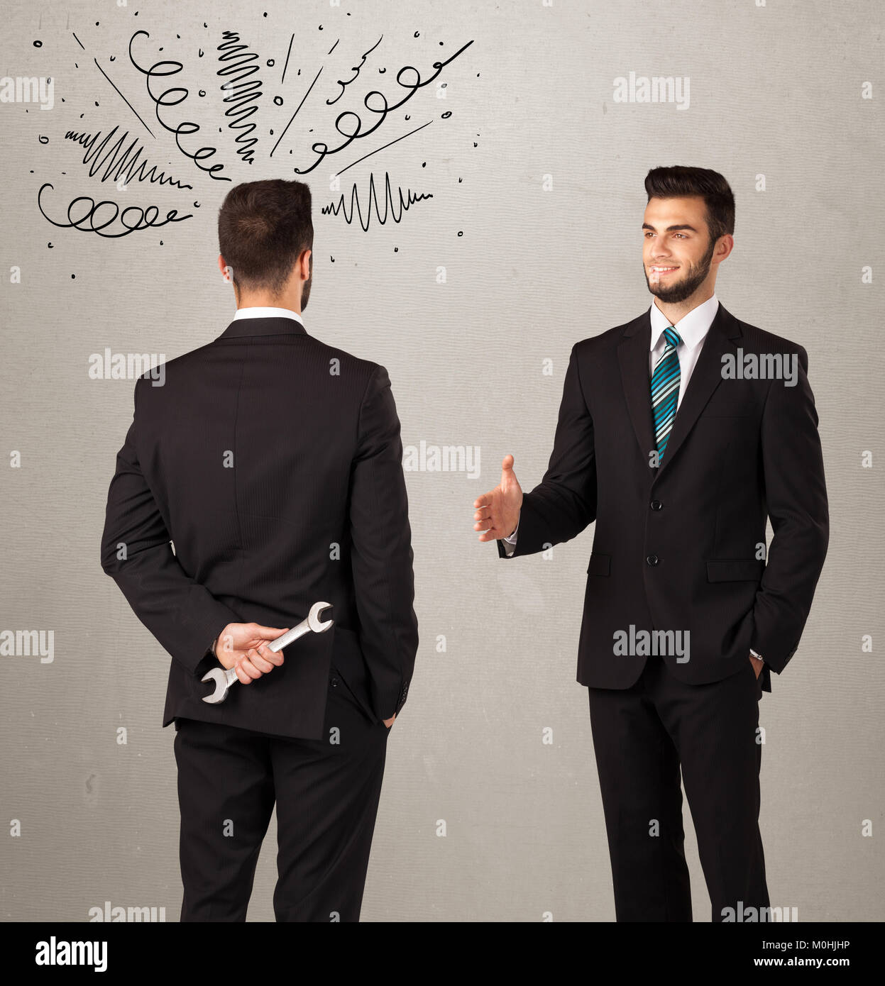 Ruthless businessman handshake with a hiding weapon and drawn curly ...