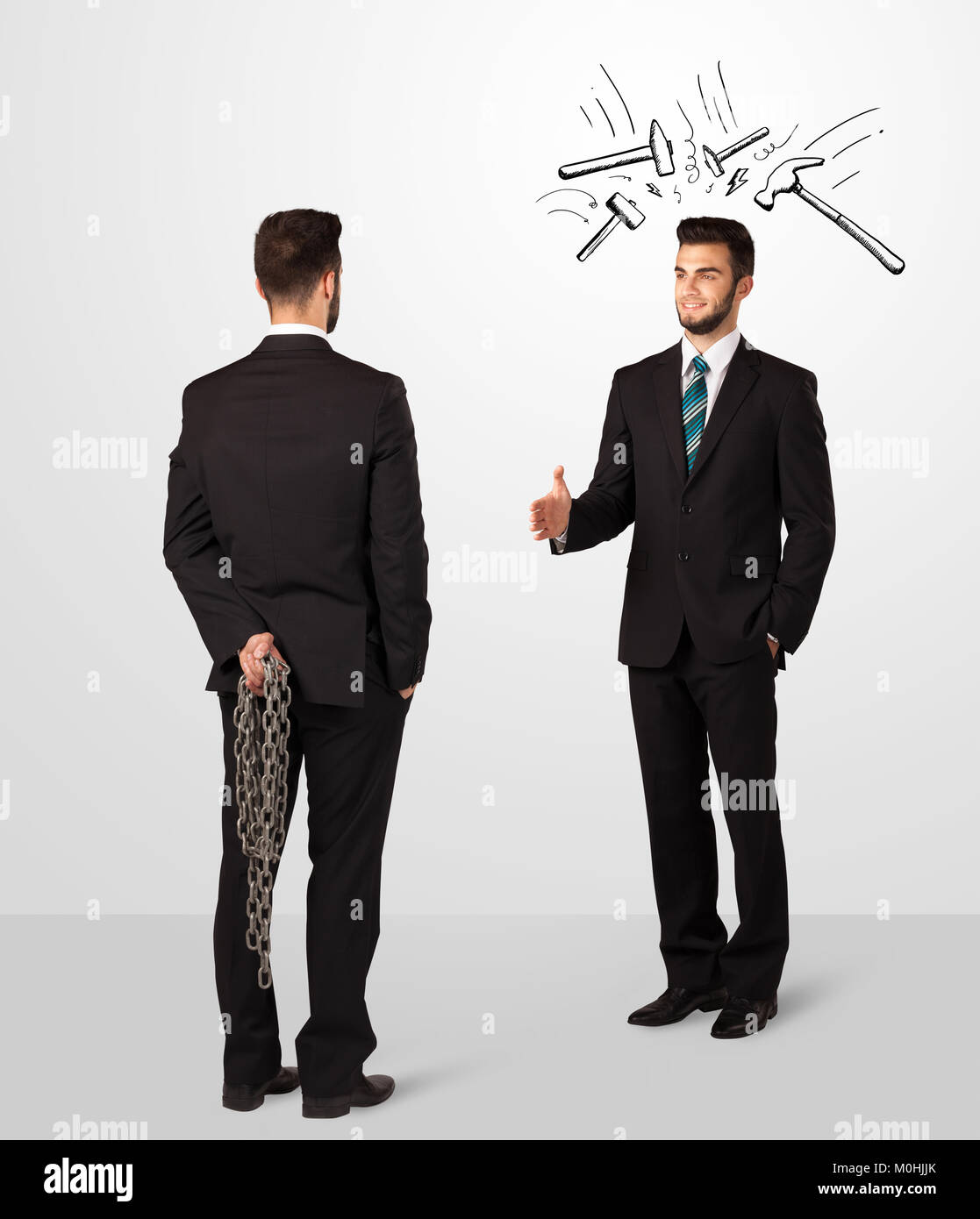 Ruthless businessman hiding a weapon white drawn beating hammer marks ...