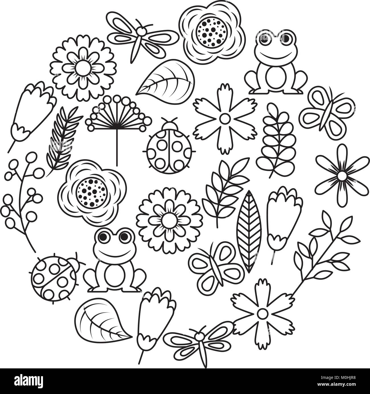 set of spring theme nature flowers love birds butterflies ladybugs frog ...