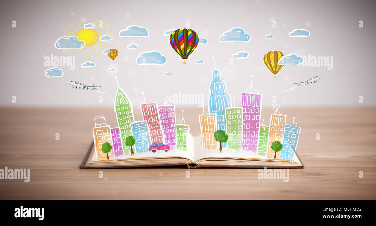 Colorful cityscape drawing on open book Stock Photo - Alamy