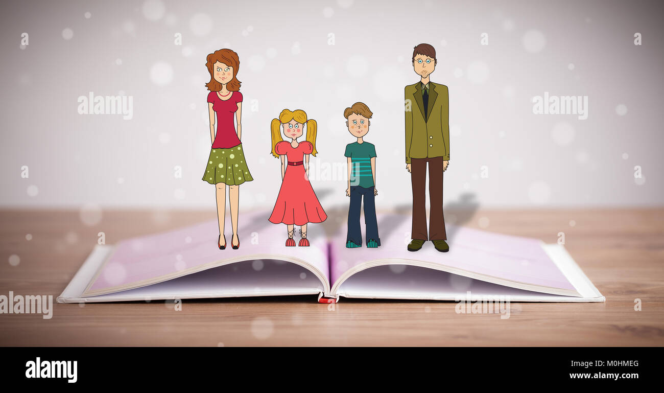 Drawing of a happy family on opened book. The symbol of unity and ...
