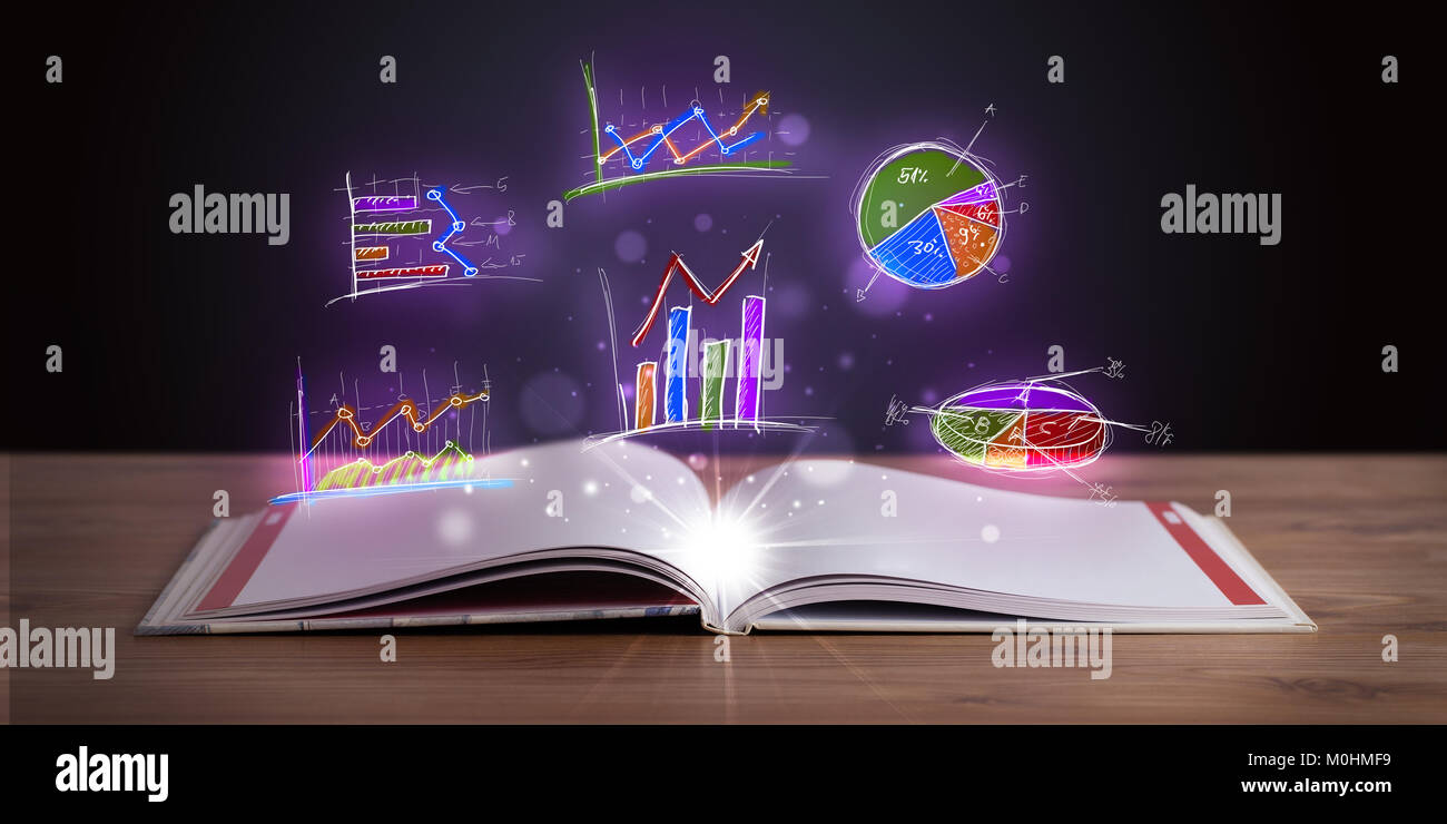 Book on wooden deck with glowing graph illustrations and symbols Stock ...