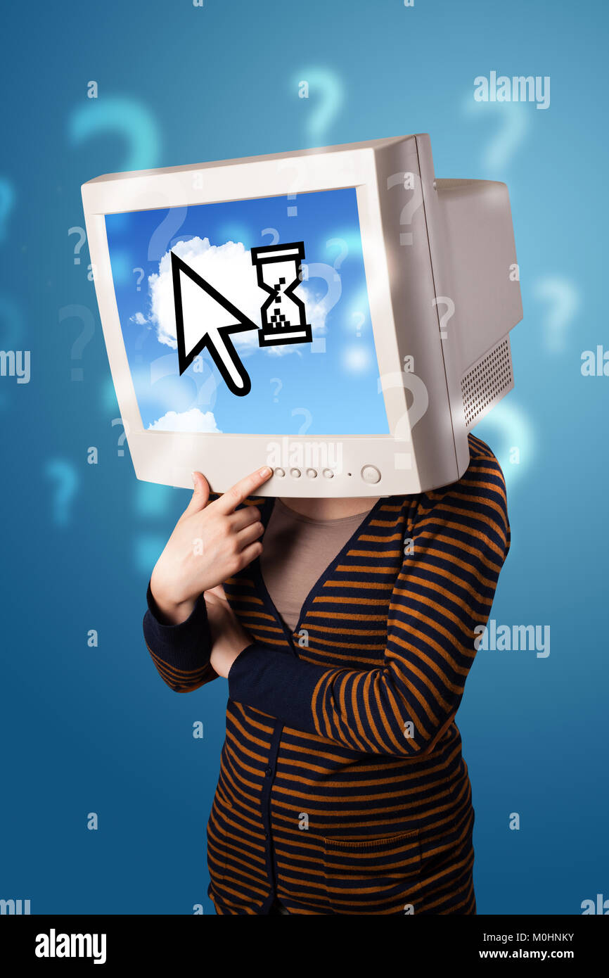 Person with a monitor head and cloud based technology on the screen ...