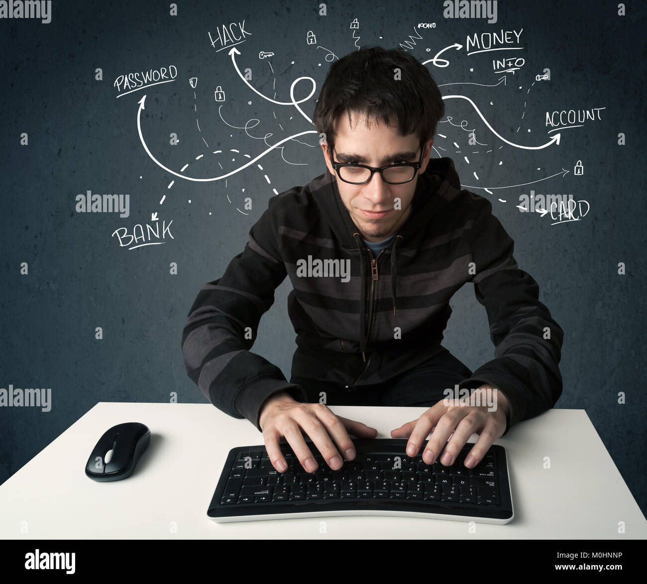 Young dangerous hacker with white drawn line thoughts Stock Photo - Alamy