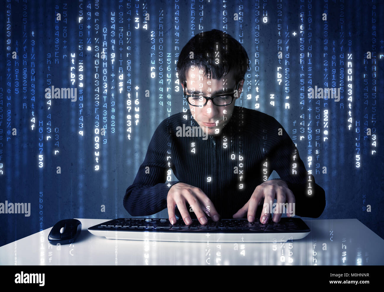 Hacker decoding information from futuristic network technology with ...