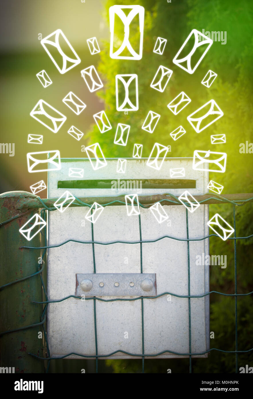 Mailbox with letter icons exploding on glowing green background Stock ...