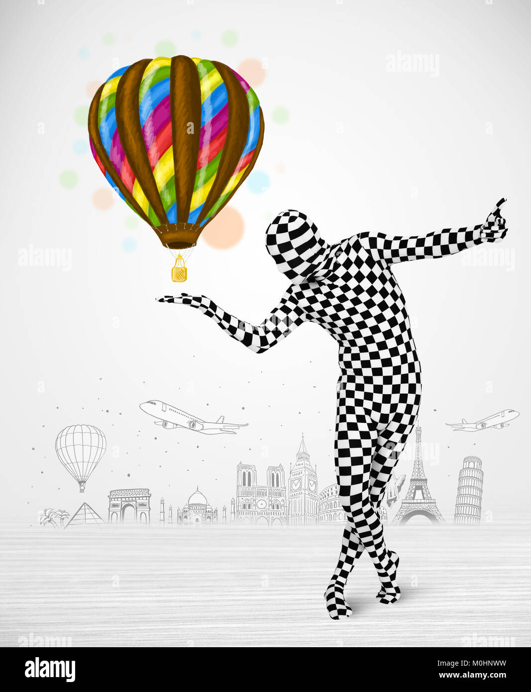 Funny man in full body suit holding colorful balloon, tourist ...