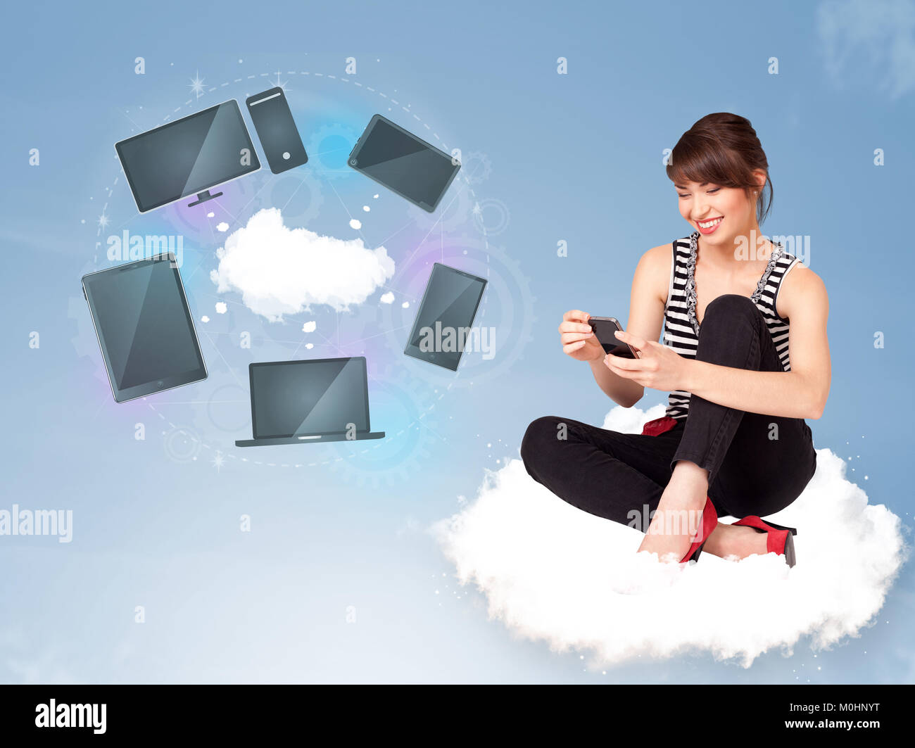 Pretty young girl sitting on cloud enjoying cloud network service Stock ...
