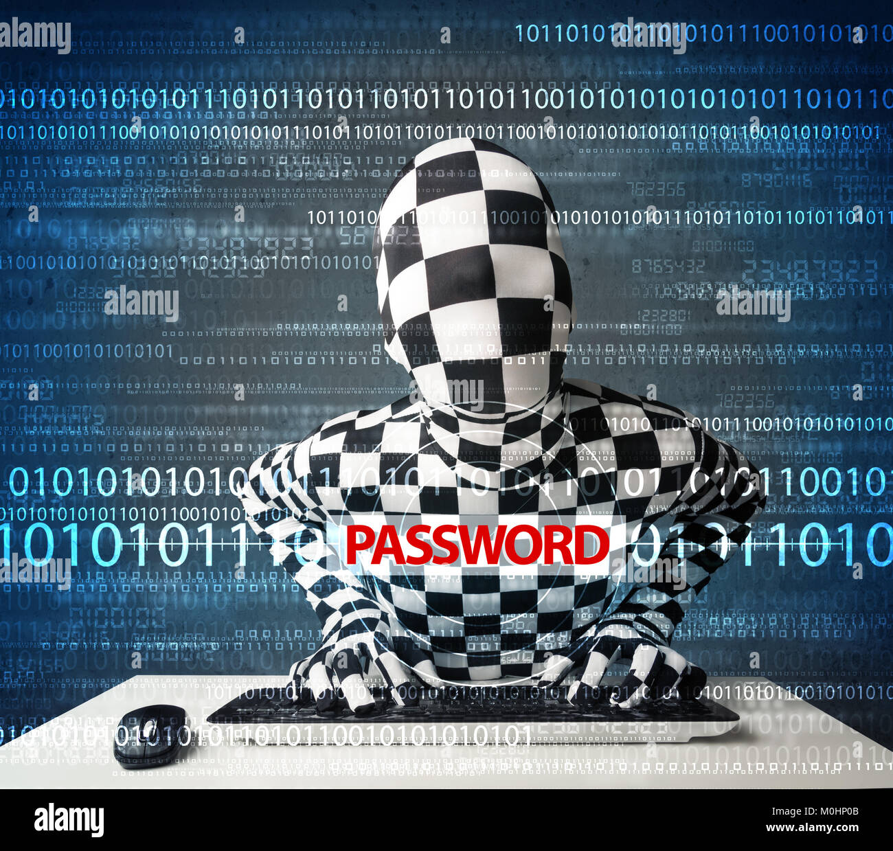 Hacker in morph 3d mask stealing password on futuristic background ...