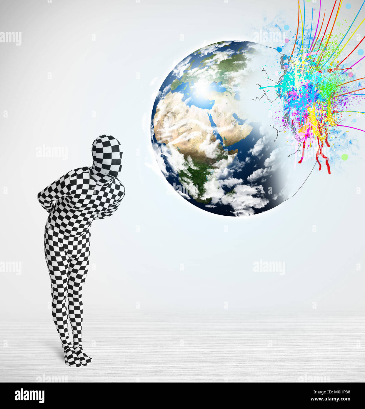 Funny man in body suit looking at colorful splatter 3d earth, Elements ...
