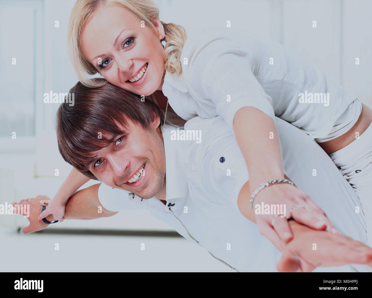 man and woman imitate the plane Stock Photo - Alamy