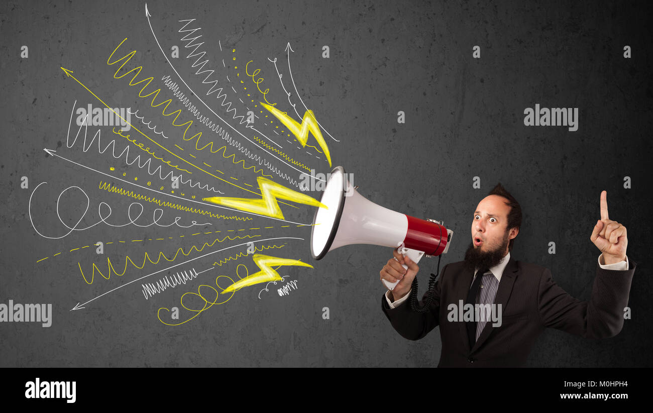 Leader guy shouting into megaphone with hand drawn lines and arrows on ...