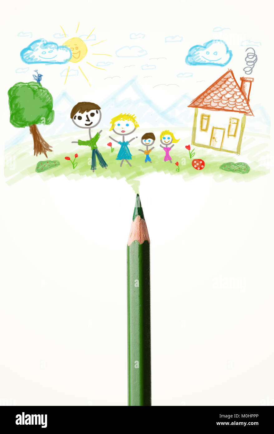 Colored pencil close-up with a paint drawing of a family Stock Photo ...