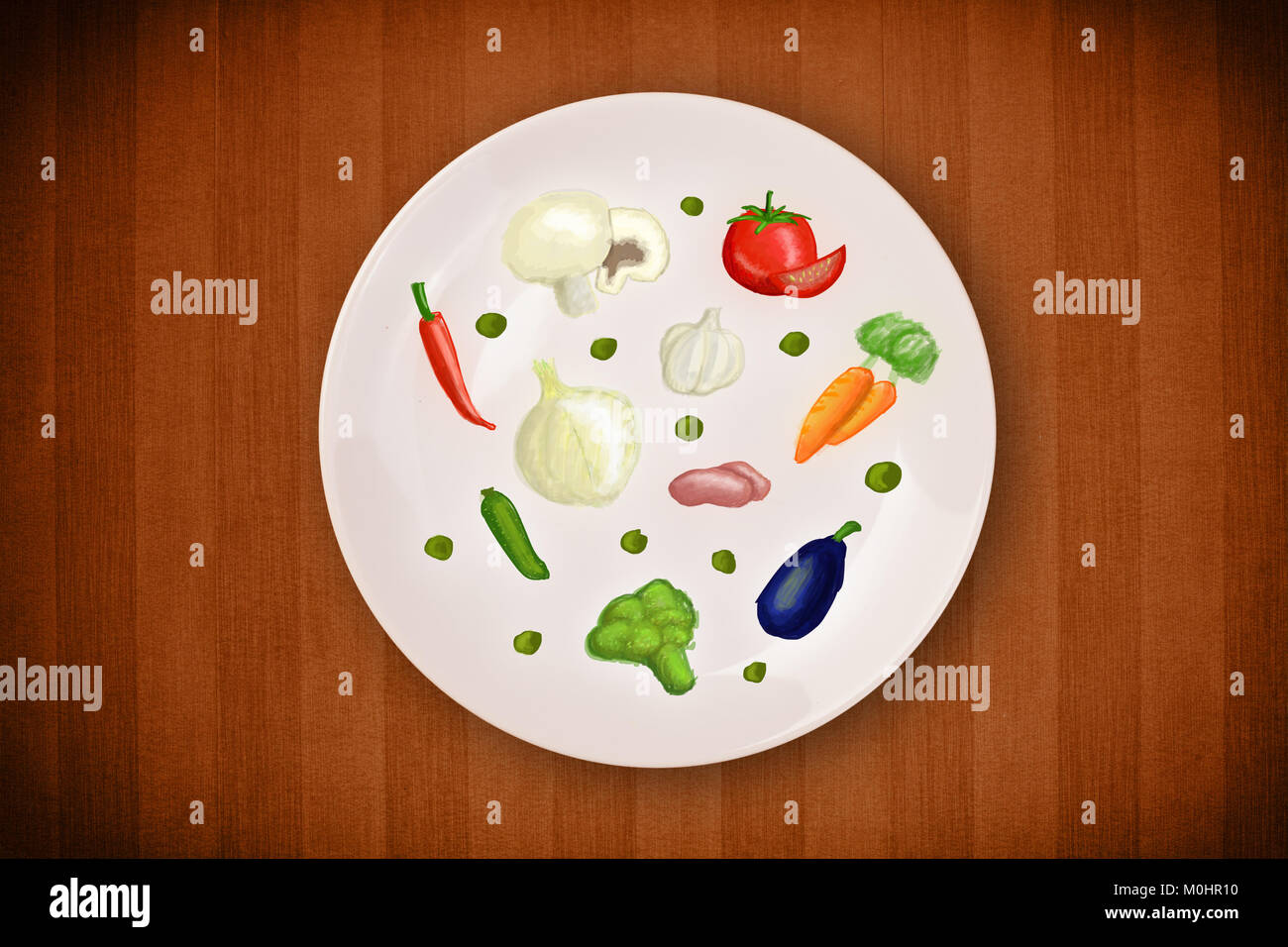 Colorful plate with hand drawn icons, symbols, vegetables and fruits on ...