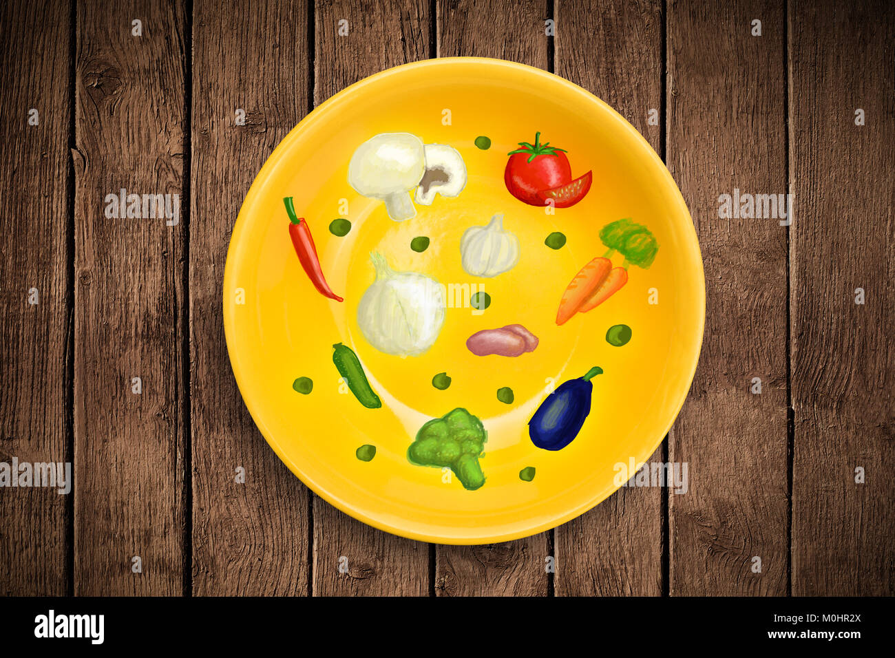 Colorful plate with hand drawn icons, symbols, vegetables and fruits on ...