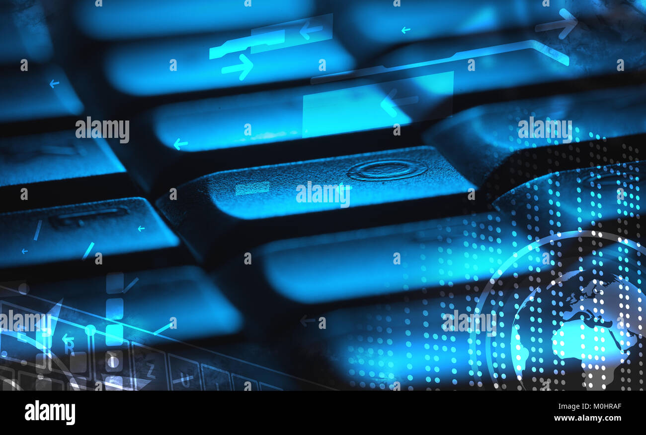 Computer keyboard with glowing icons, technology concept Stock Photo ...