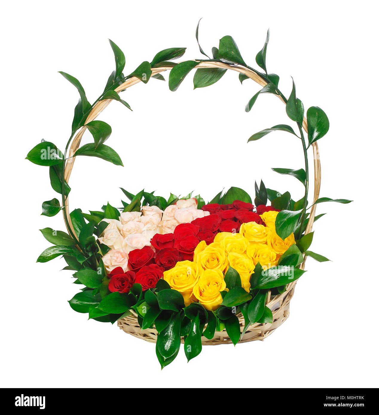 Red, pink and yellow roses in basket, isolated on white background ...