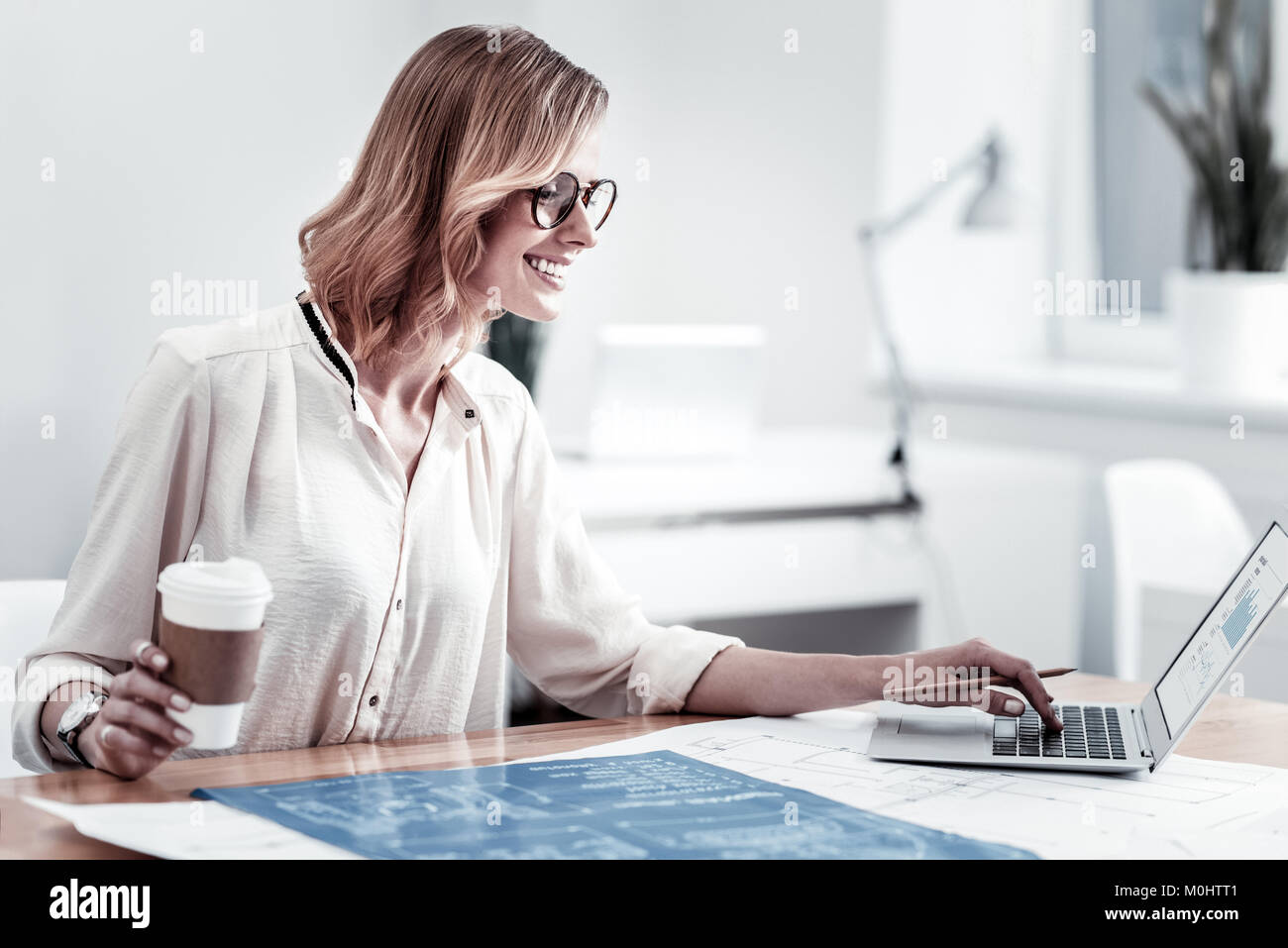 Profile photo of delighted woman that being positive Stock Photo - Alamy