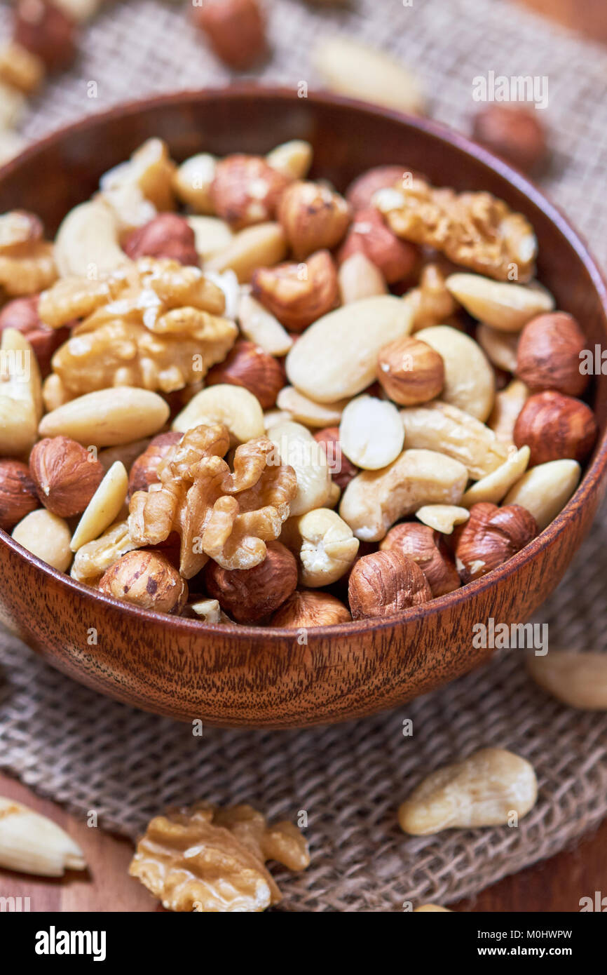 Mixed nuts including hazelnuts, walnuts, blanched almonds and cashews ...