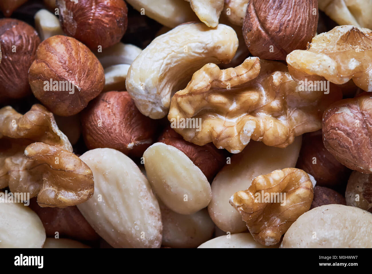 Mixed nuts including hazelnuts, walnuts, blanched almonds and cashews ...