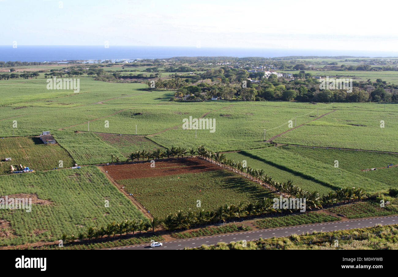 Aerial view of agricultural fields near the coast from a helicopter ...