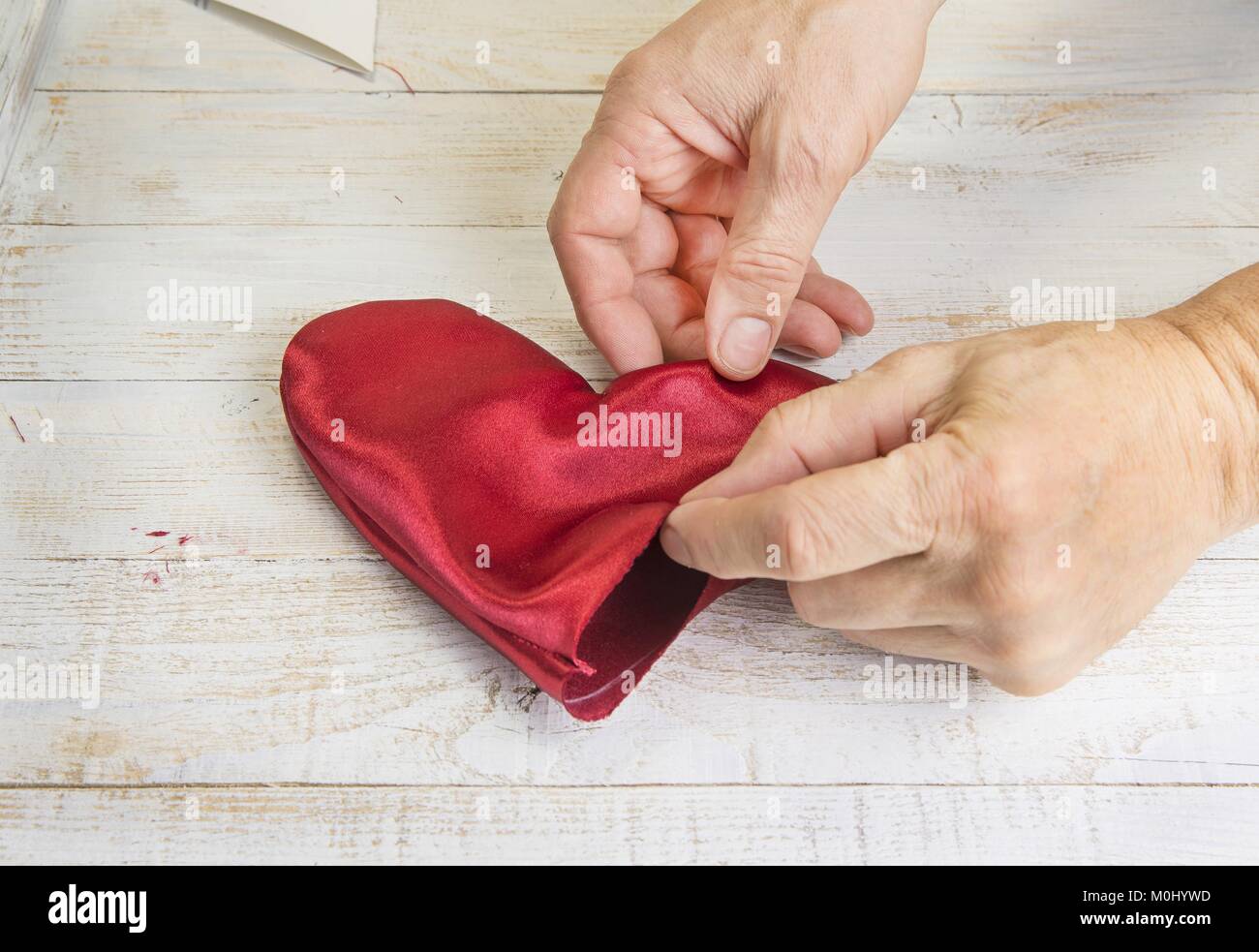 Step by step how to make heart from red satin textile. Valentine's day ...
