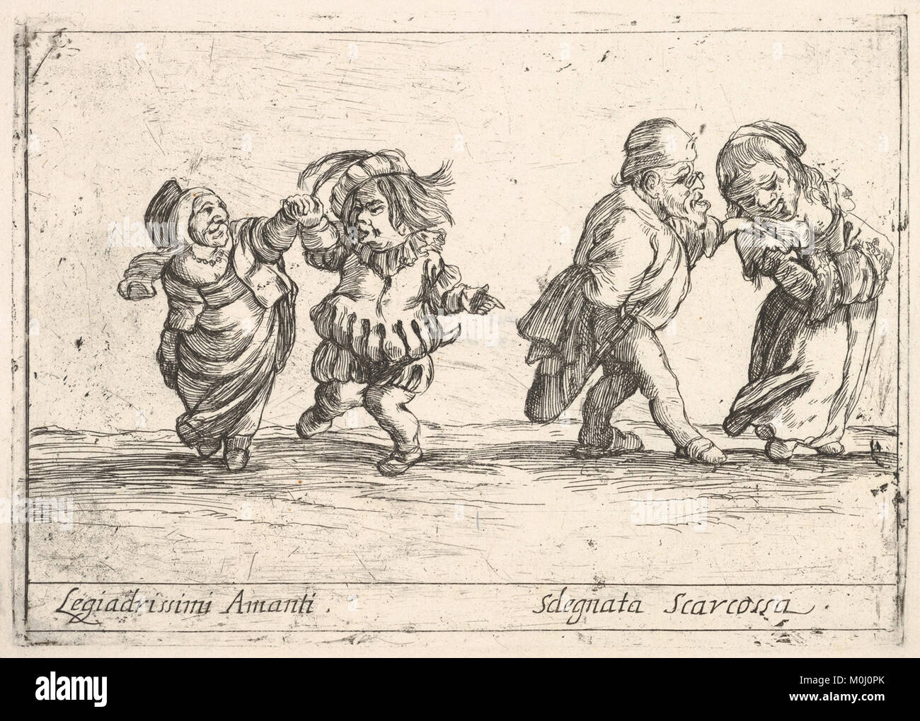 This print by Jacques Callot, titled 'Six Grotesques', depicts a ...