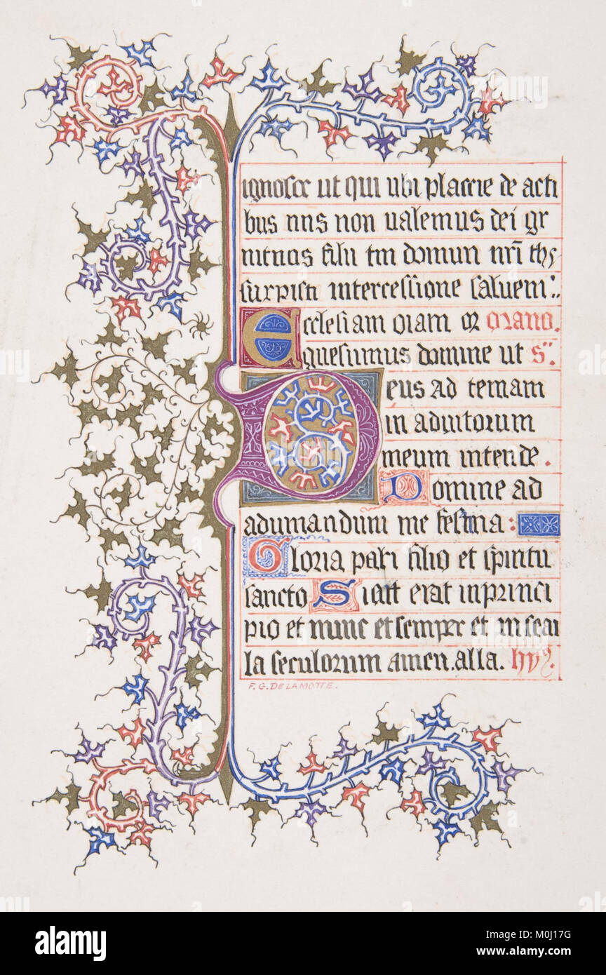 An illuminated manuscript leaf featuring an ornate initial 'E' on the ...