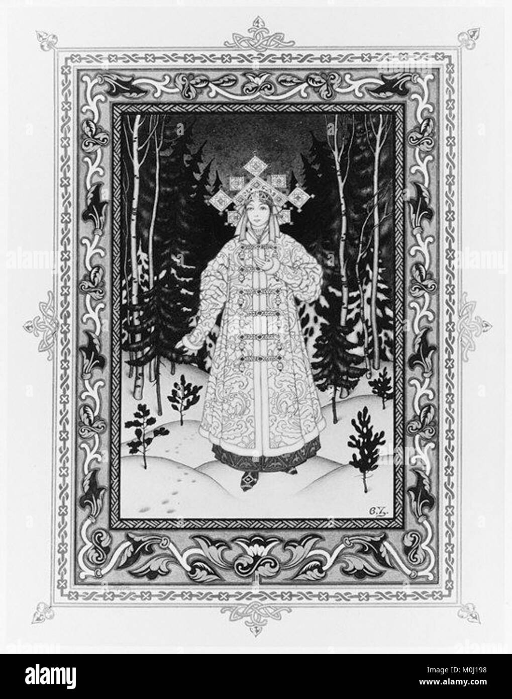 This illustration depicts Snegurochka, the Snow Maiden, in a forest ...