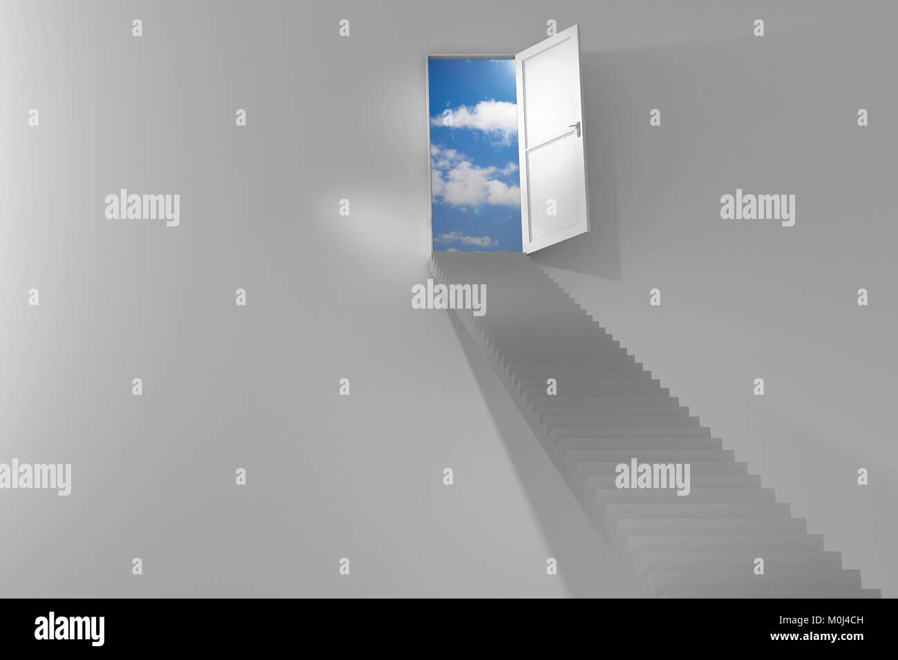 Stairway to the sky trough white door - 3d render Stock Photo - Alamy Stairway to the sky trough white door - 3d render Stock Photo - Alamy