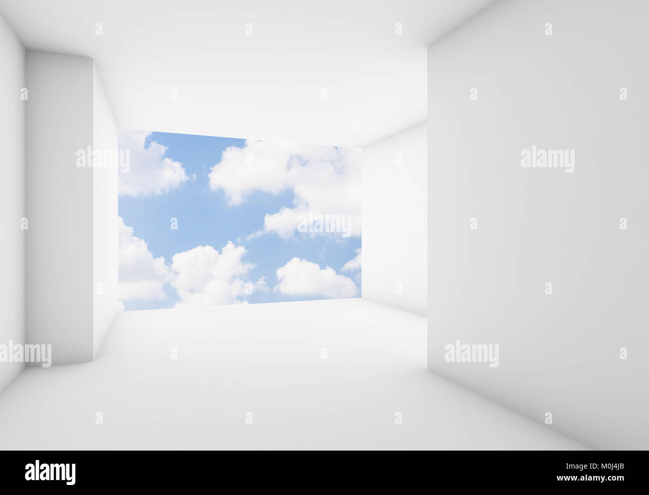 Abstract white interior background, empty room with clouds on blue sky ...