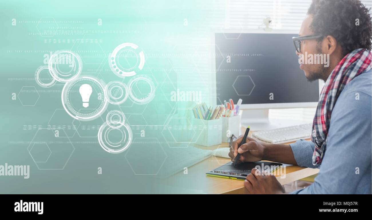 Business man using graphic tablet with graph overlays Stock Photo - Alamy