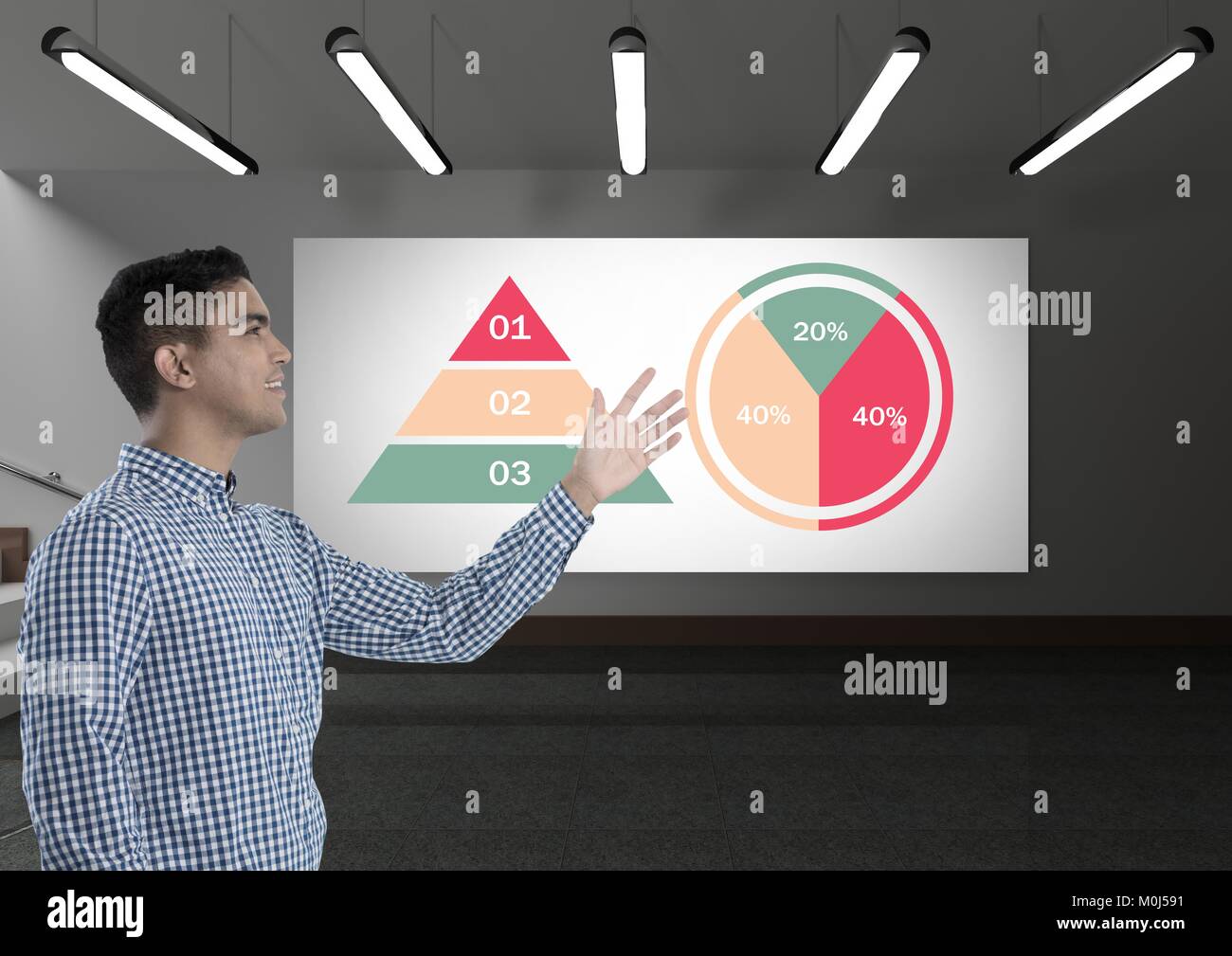 Businessman presenting with colorful chart statistics Stock Photo - Alamy
