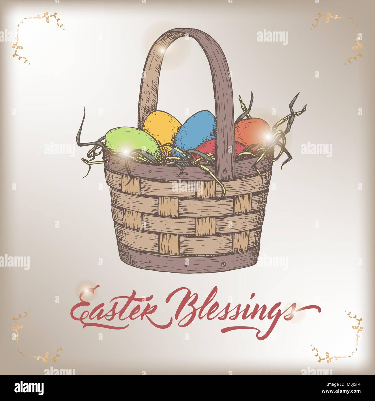 Color Easter greeting card with eggs in wicker basket. Based on hand ...