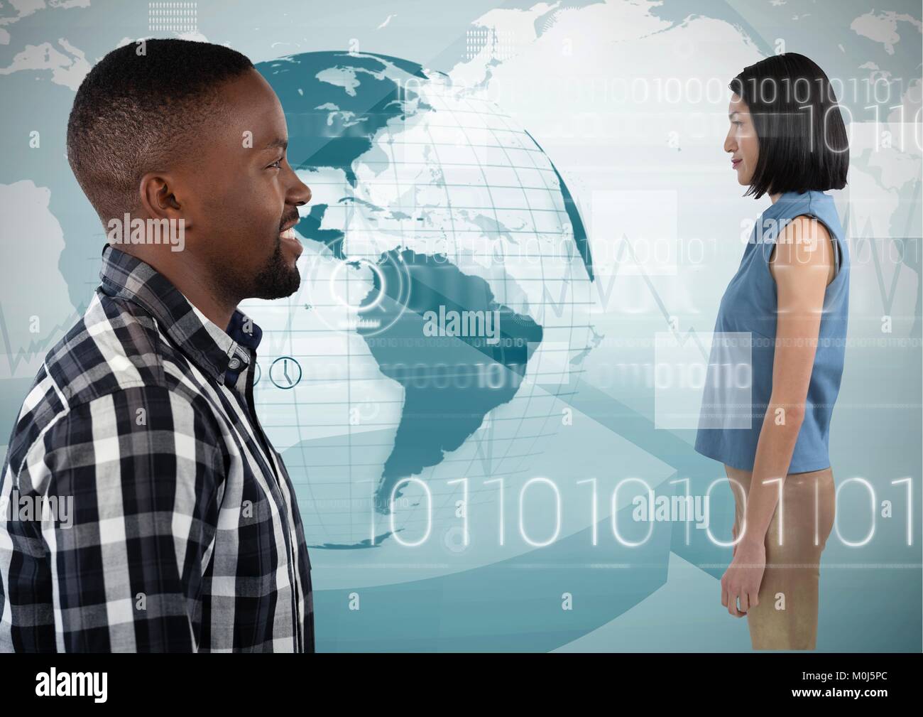 Man looking forward at digital woman Stock Photo - Alamy