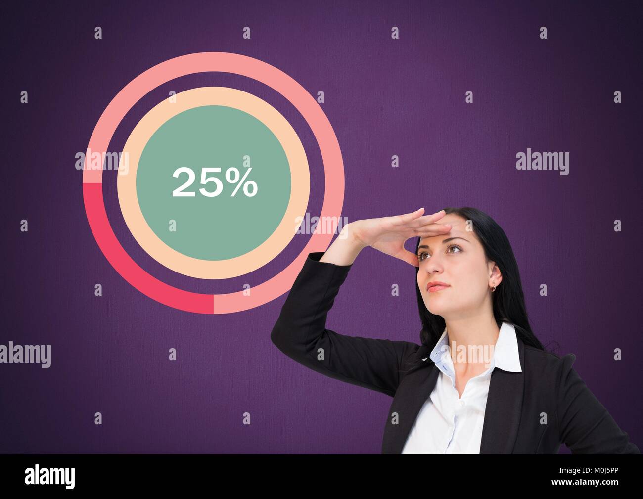 Businesswoman looking with colorful chart statistics at 25 percent ...
