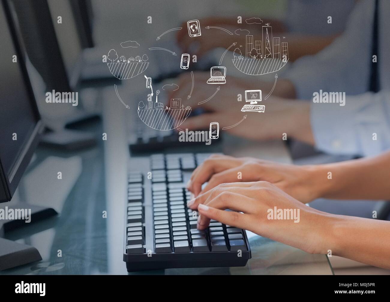 Hands writing on computer with graph overlays Stock Photo - Alamy
