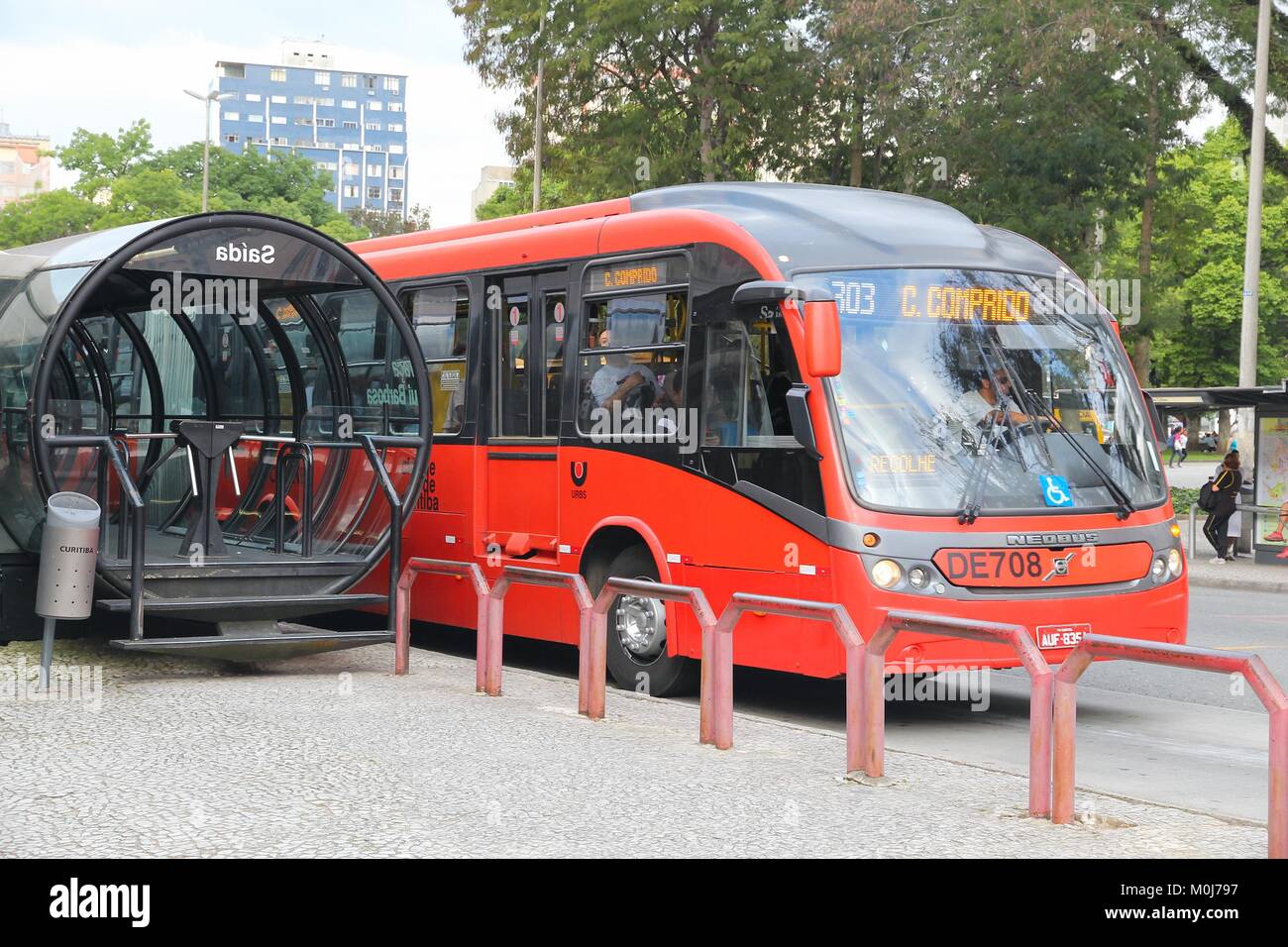 CURITIBA, BRAZIL - OCTOBER 7, 2014: People ride city bus in Curitiba ...