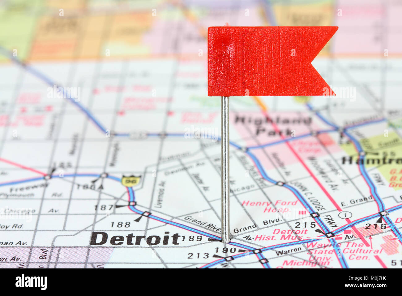 Detroit, Michigan. Red flag pin on an old map showing travel ...
