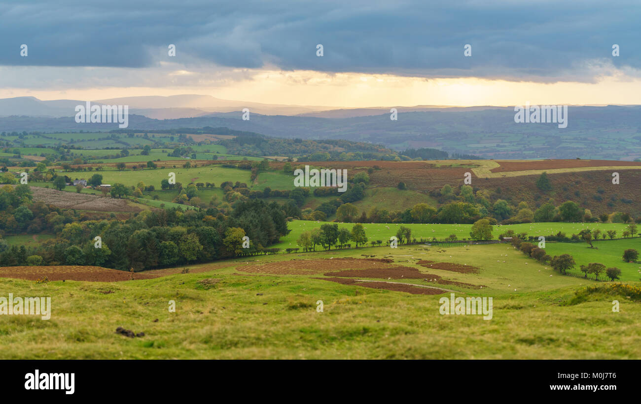 View over the landscape of the Brecon Beacons National Park on a cloudy ...