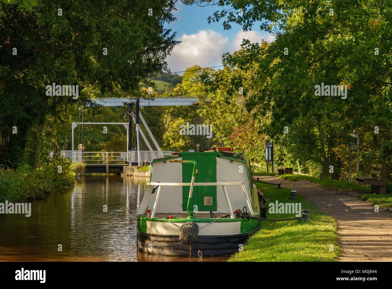 The Monmouthshire & Brecon Canal with a boat and the lift bridge, seen ...