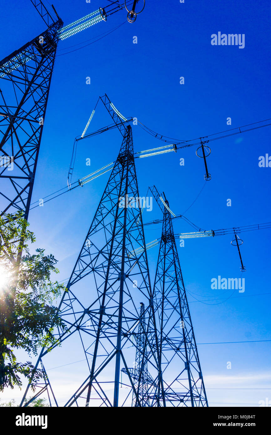 Electricity poles. electric post. Electricity pylon with blue sky Stock ...